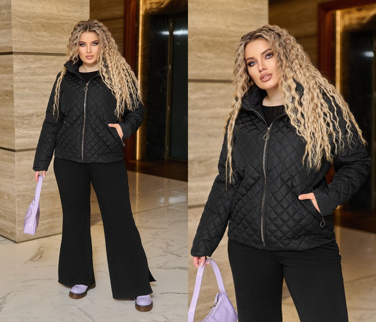 Женская Весенняя Стеганая Куртка с Капюшоном Батал: 48-50, 52-54, 56-58 ...