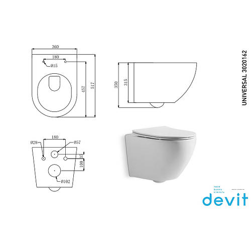 Купити Унітаз підвісний DEVIT 3020162 UNIVERSAL безобідковий quick-fix, soft-close, ціна 6999 ...