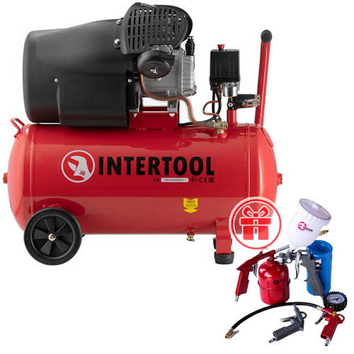 Компрессор 50л 2-х цилиндровый и набор покрасочный PT-0004-PT-1502 Intertool (ID#1794372549 ...