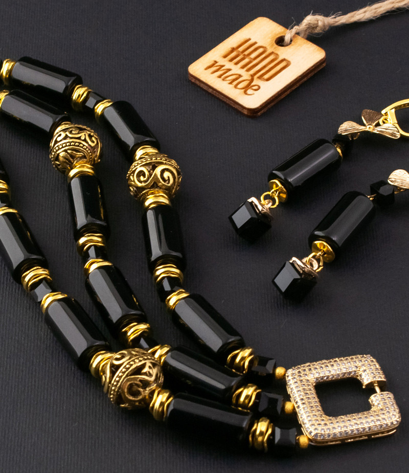 Набір браслет та сережки з натурального каменю чорний агат авторської ...