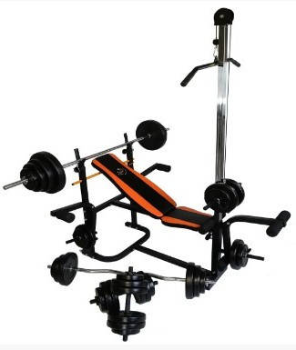 Універсальна лава для жиму WCG 0020 + парта Скотта + тяга + Комплект штанга та гантелі 128 ...