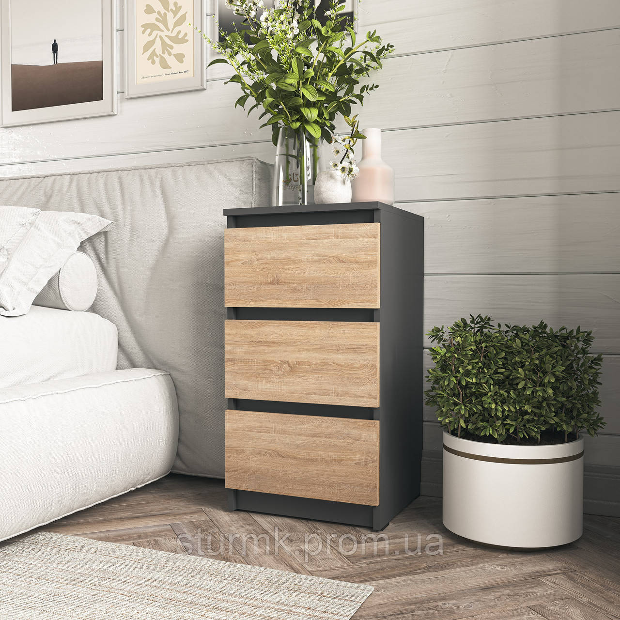 Прикроватная Тумбочка на 3 Шухляды Moreli T-216 Ш400/В758/Г398 Антрацит ...