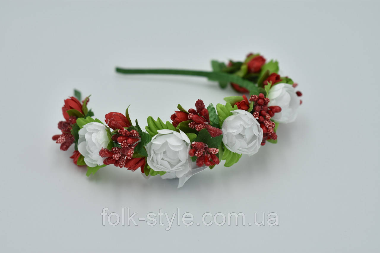 Український віночок на обручі з білими квітами № 1269 купити недорого від українського виробника