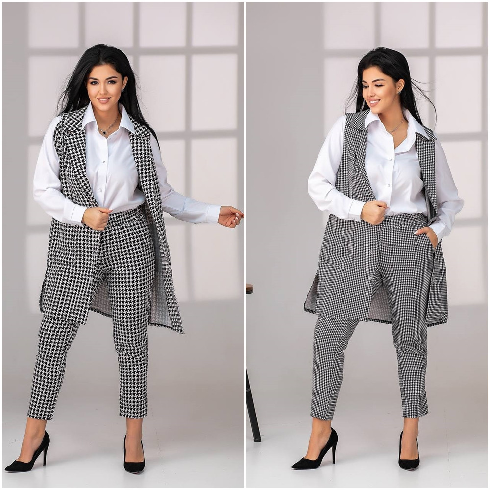 Стильный брючный женский костюм тройка брюки + блуза + безрукавка ...