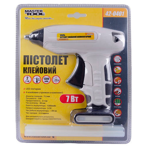 Пістолет клейовий MASTERTOOL акумуляторний Ø 7.2 мм DC 3.7 V 1300 mAh "Крапля-Стоп" 42-0401 (ID ...