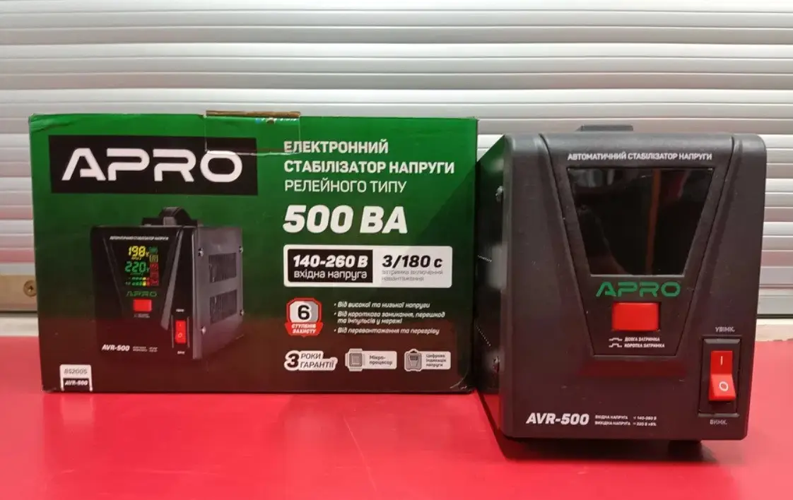 Купити Стабілізатор напруги релейний APRO AVR-500: 400 Вт, релейний, Led-дисплей, вага 2.15 кг ...