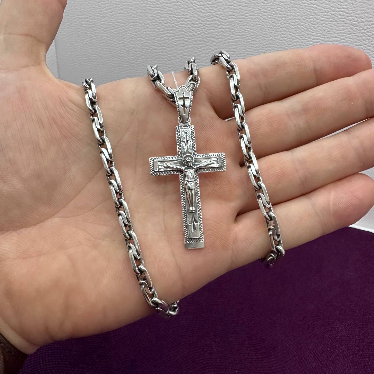 Купить Мужской серебряный комплект цепочка граненый якорь и прямой ...