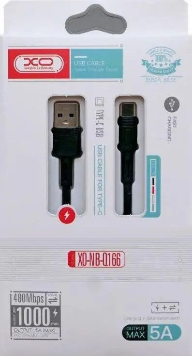 Купить Кабель для зарядки и синхронизации USB XO NB-Q166 5A USB-Type-C 1М Черный, цена 150 ...