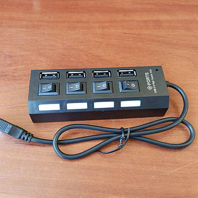USB HUB на 4 порти USB 2.0, с підсвіткою + гніздо живлення, чорной (в ...