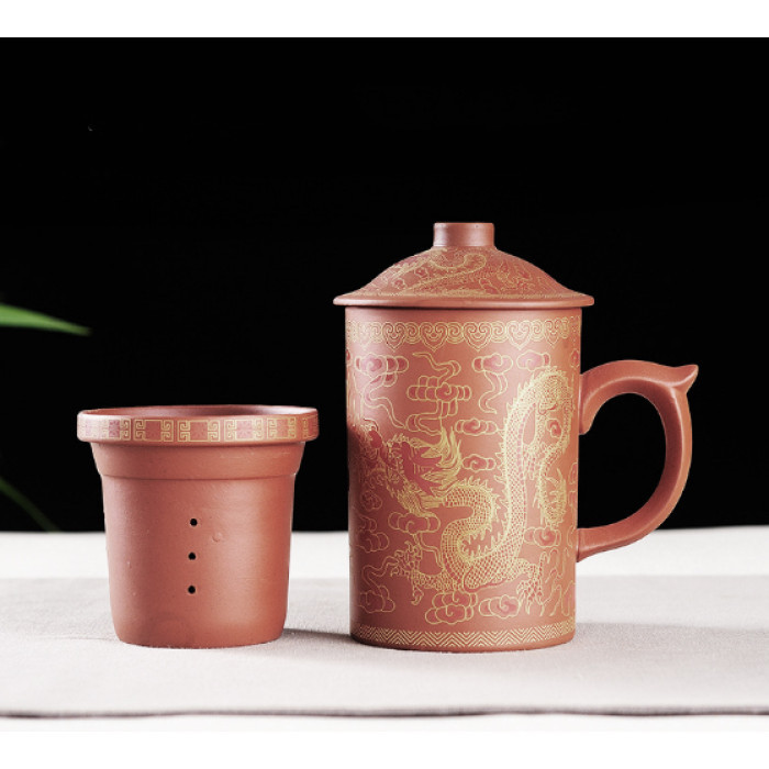 Купити Чашка для чаю із ситом глиняна Два дракони червона 250 мл Кухоль заварник із ісиній