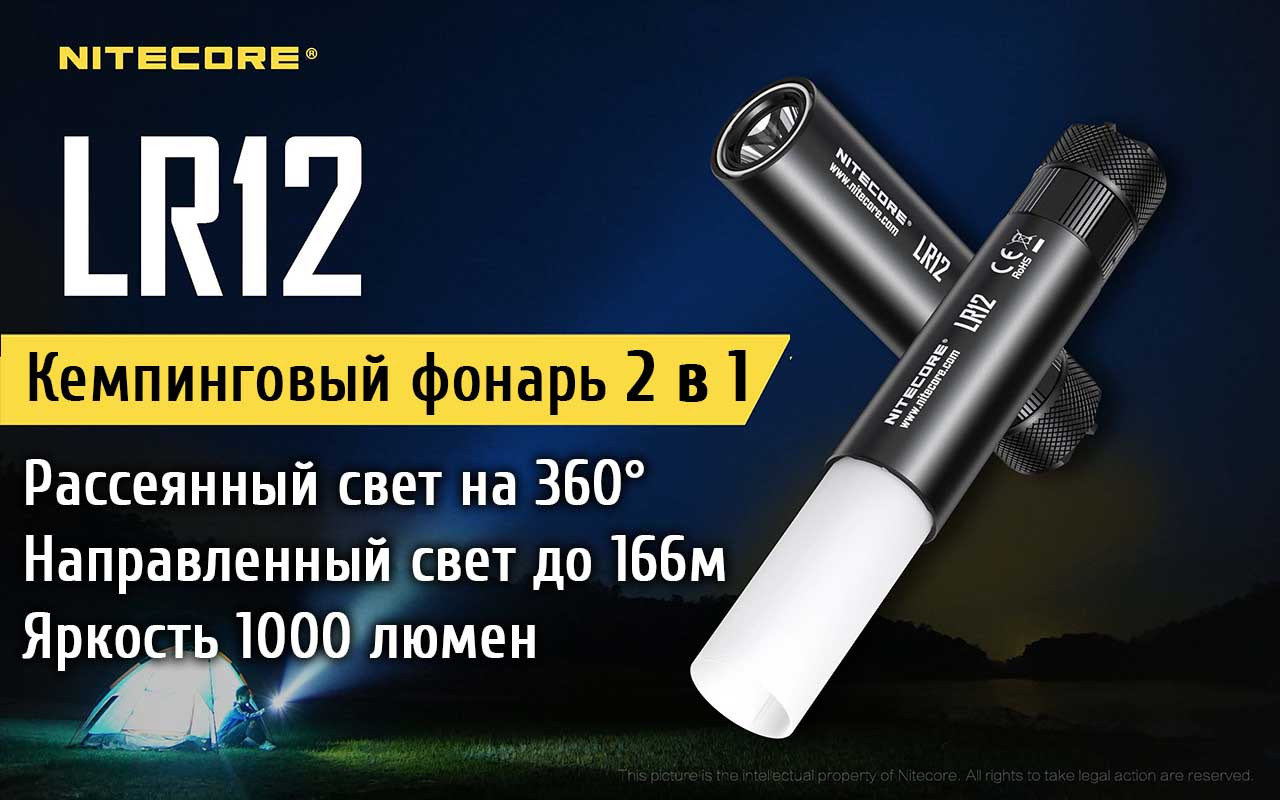 2в1 - Мощный кемпинговый + ручной фонарь Nitecore LR12 (Cree XP-L HD V6, 1000 люмен, 5 режимов ...