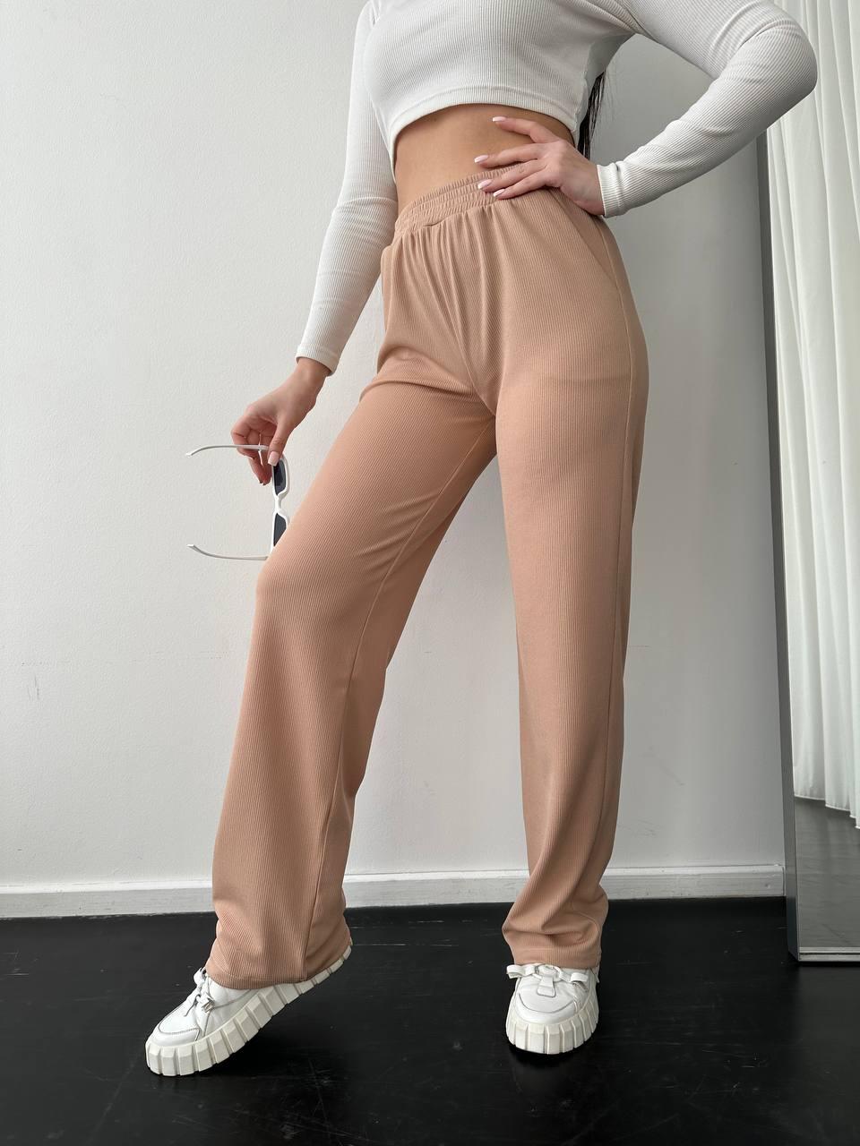 Купити Жіночі стильні штани кльош в рубчик Норма і Батал 42 56 Бежеві ціна 494 ₴ Prom Ua