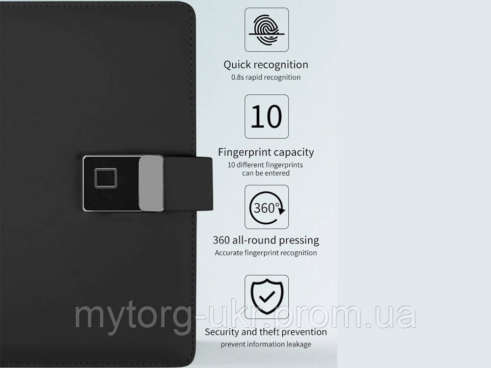 Смарт блокнот с отпечатком пальца Lockbook кожаный c ручкой и зарядкой PB FL Черный (ID ...