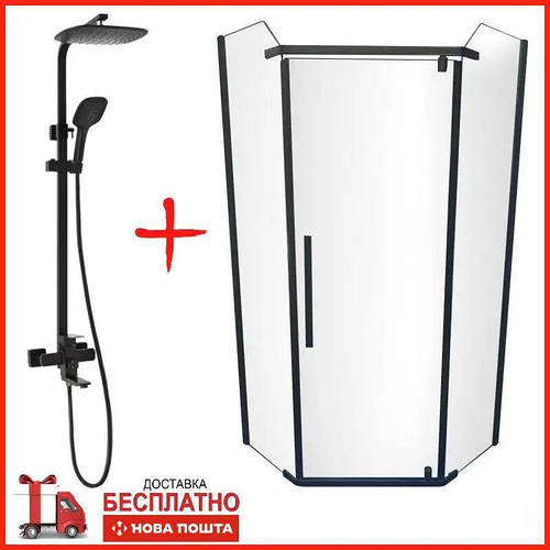 Душевая кабина пятиугольная 90х90 см стекло 8 мм, черный профиль ...