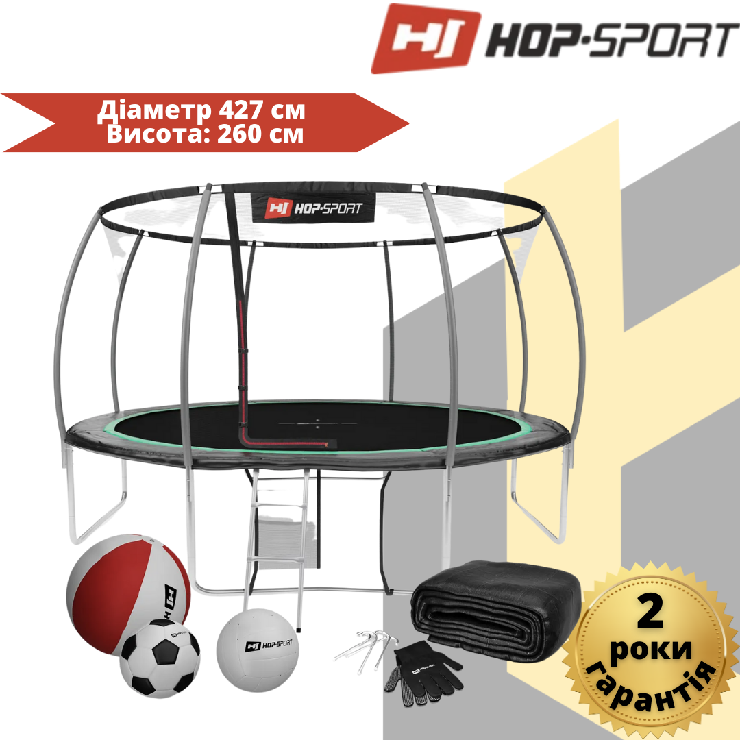 Батут Hop-Sport Premium 14ft (427 cm) чорно-зелений із внутрішньою ...