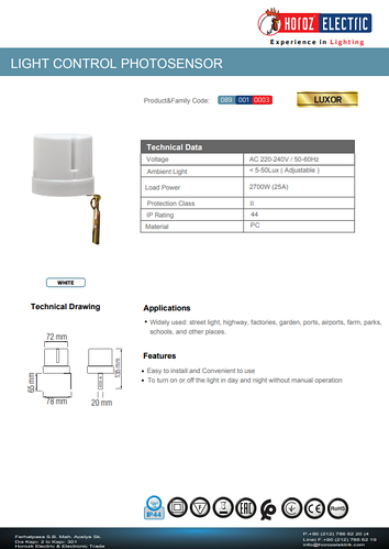 Датчик освещенности (фотореле) 25А 2700W 220-240V IP44 Horoz Electric ...