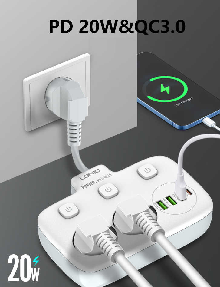 Удлинитель Сетевой фильтр LDNIO SE2435 QC / PD 2 розетки / 4 USB порта ...