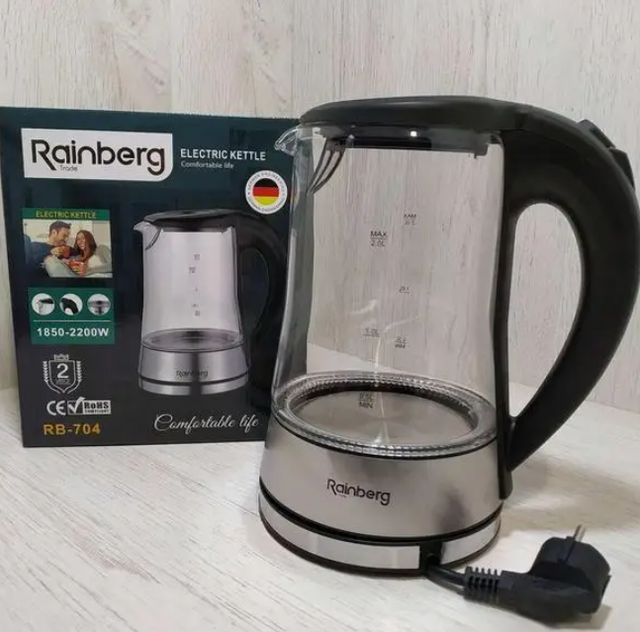 Купити Скляний чайник із фільтром прозорий із підсвіткою на 2 літри Rainberg RB-704 побутовий ...