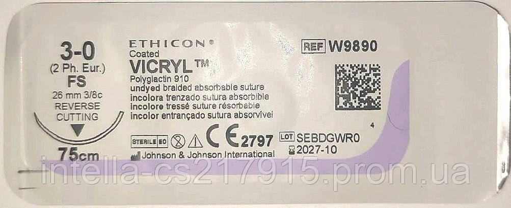 Вікріл Vicryl Ethicon нефарбований (3-0) 75см, голка ріжуча FS 26мм, 3/ ...