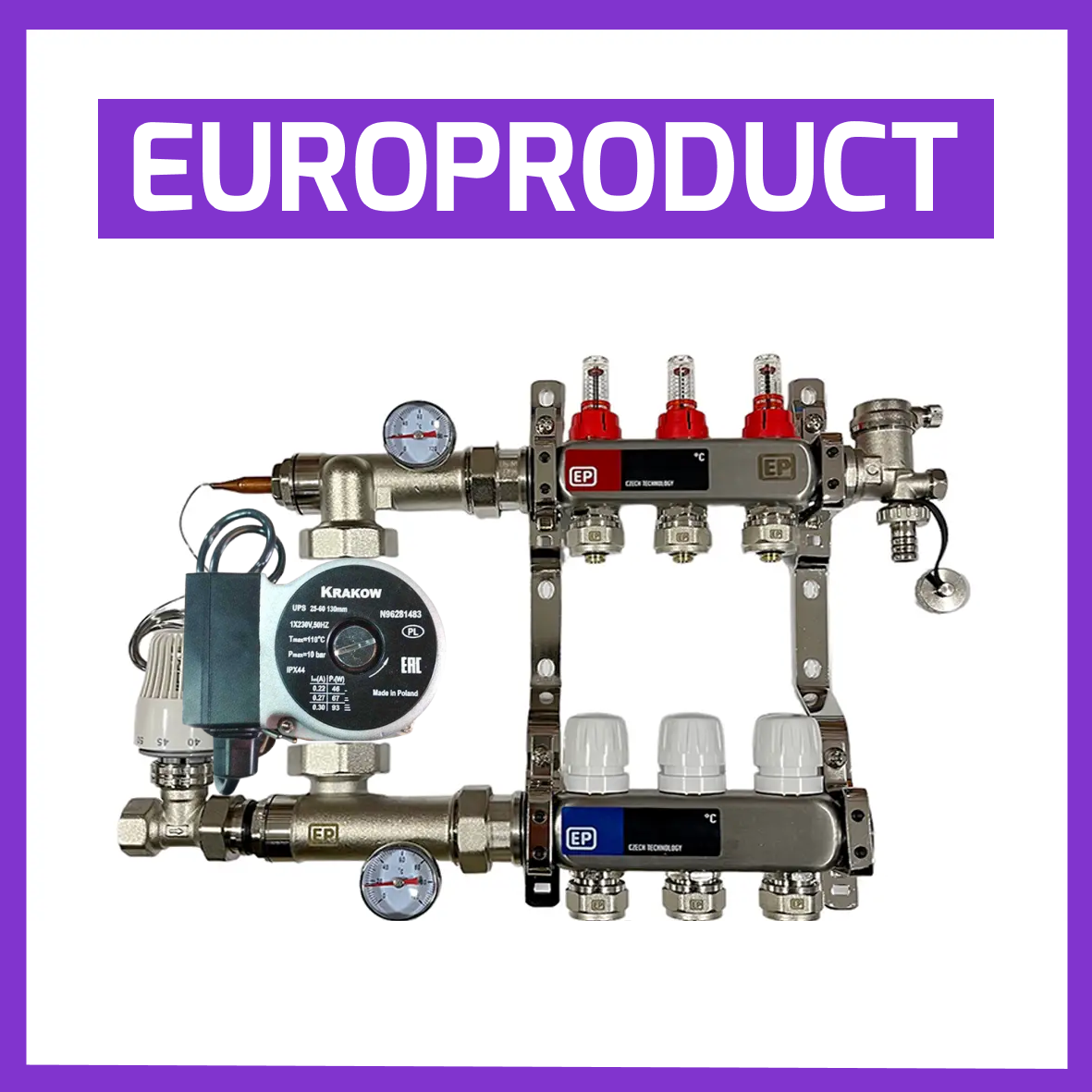 Коллектор для теплого пола в сборе с насосом на 3 контура EUROPRODUCT ...