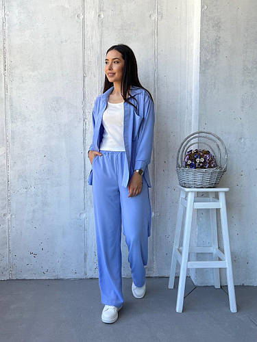 Купити Літній брючний легкий костюм жіночий комплект штани сорочка майка жатка блакитний