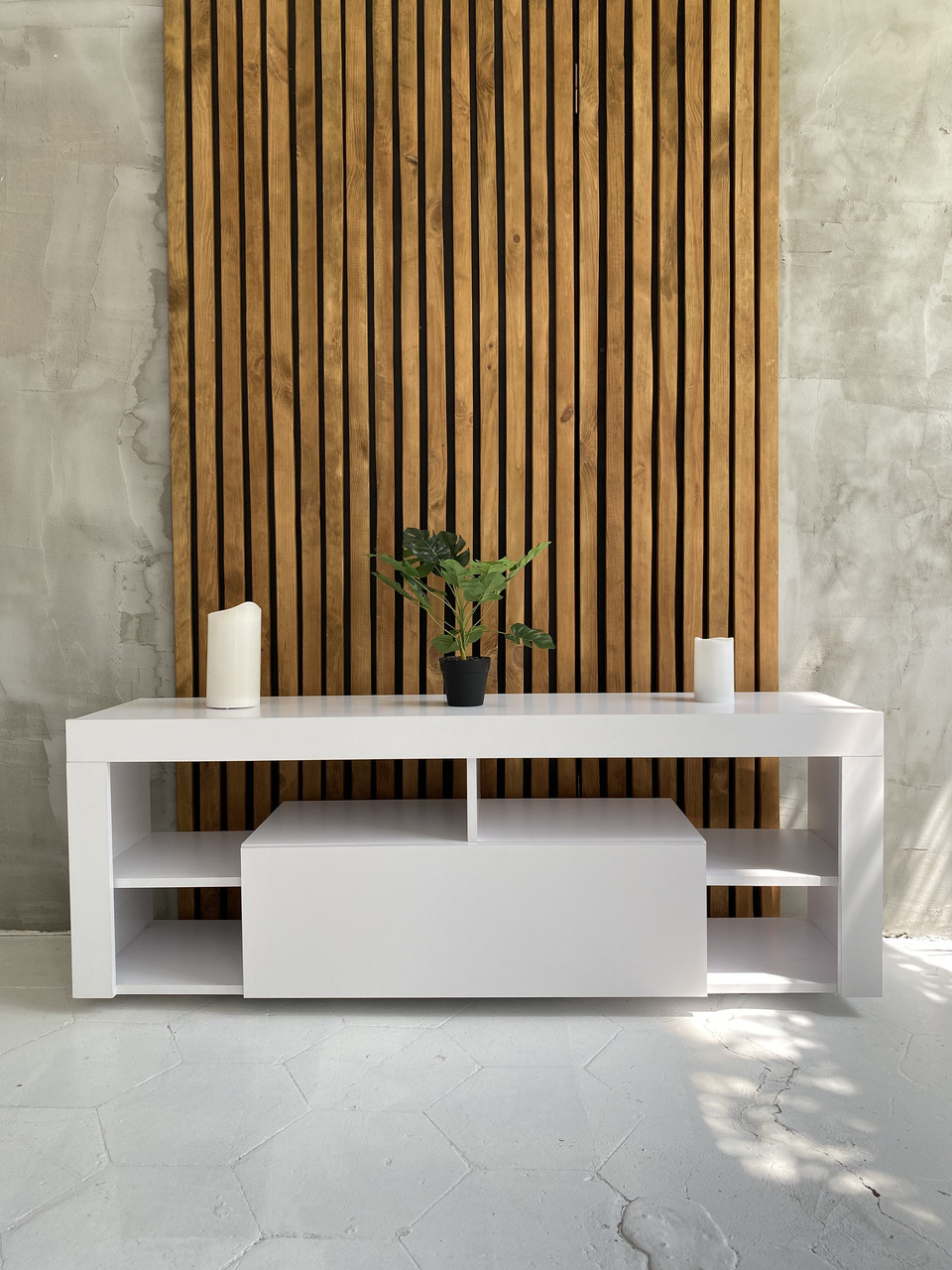 Тумба під телевізор комод для дому під ТВ із 4 полицями та нішею Kf 140 продаж ціна у Білій