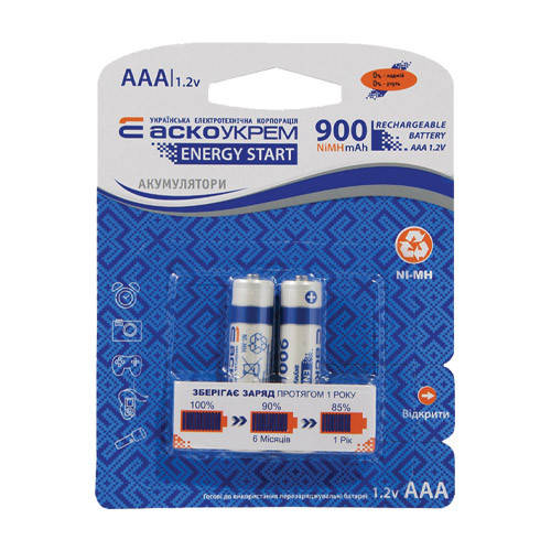 Аккумуляторная батарейка ААА, 2 шт, 900 мА/год, Аско Укрем, NH-AAA 900 ...