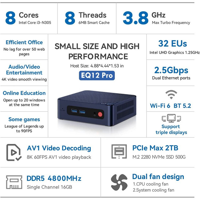 Beelink EQ12 Pro Mini PC Intel® Core i3-N305, 16GB+500Gb (ID#1876800070 ...