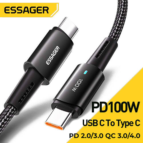 Купить Кабель Essager PD100W Black Type-C to Type-C 20V/5A 1m для быстрой зарядки 1м, цена 200 ...