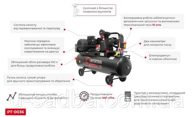 Компресор 100 л, 4 кВт, 380 В, 8 атм, 600 л/хв. 3 циліндра INTERTOOL PT-0036 (ID#946638184 ...