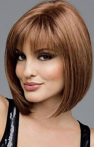 Перука середня довжина каре термостійка з прямим чубчиком Unicorn 28 см світлої шатенки (ID ...