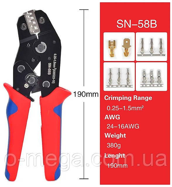 Кліщі SN-58B для опресування терміналів DuPont і розрізних наконечників 0.25-1.5 мм² 24-16AWG ...