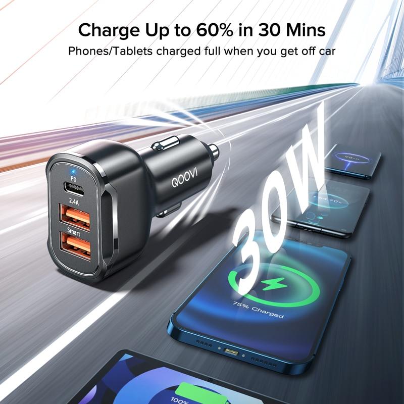 Зарядка USB у прикурювач на QC 3.0 2 USB-виходи, 1 Type C автомобільна ...