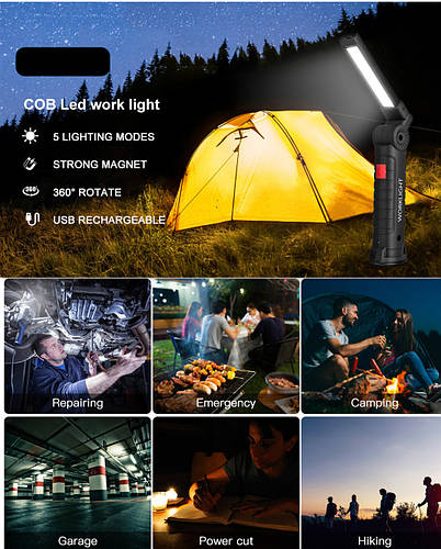 Инспекционный фонарь WorkLight W51 COB SMD Portable свет красный, белый магнит, крючок micro USB ...