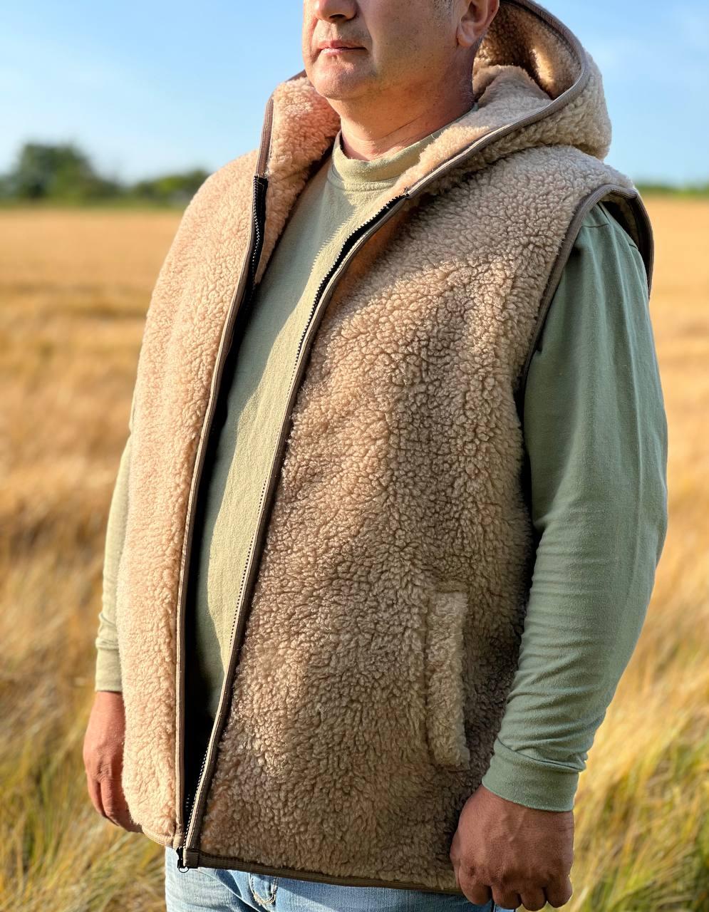 Хутряний жилет із овчини з капюшоном, Безрукавка з овечої вовни з капюшоном, Жилетка з овечої ...