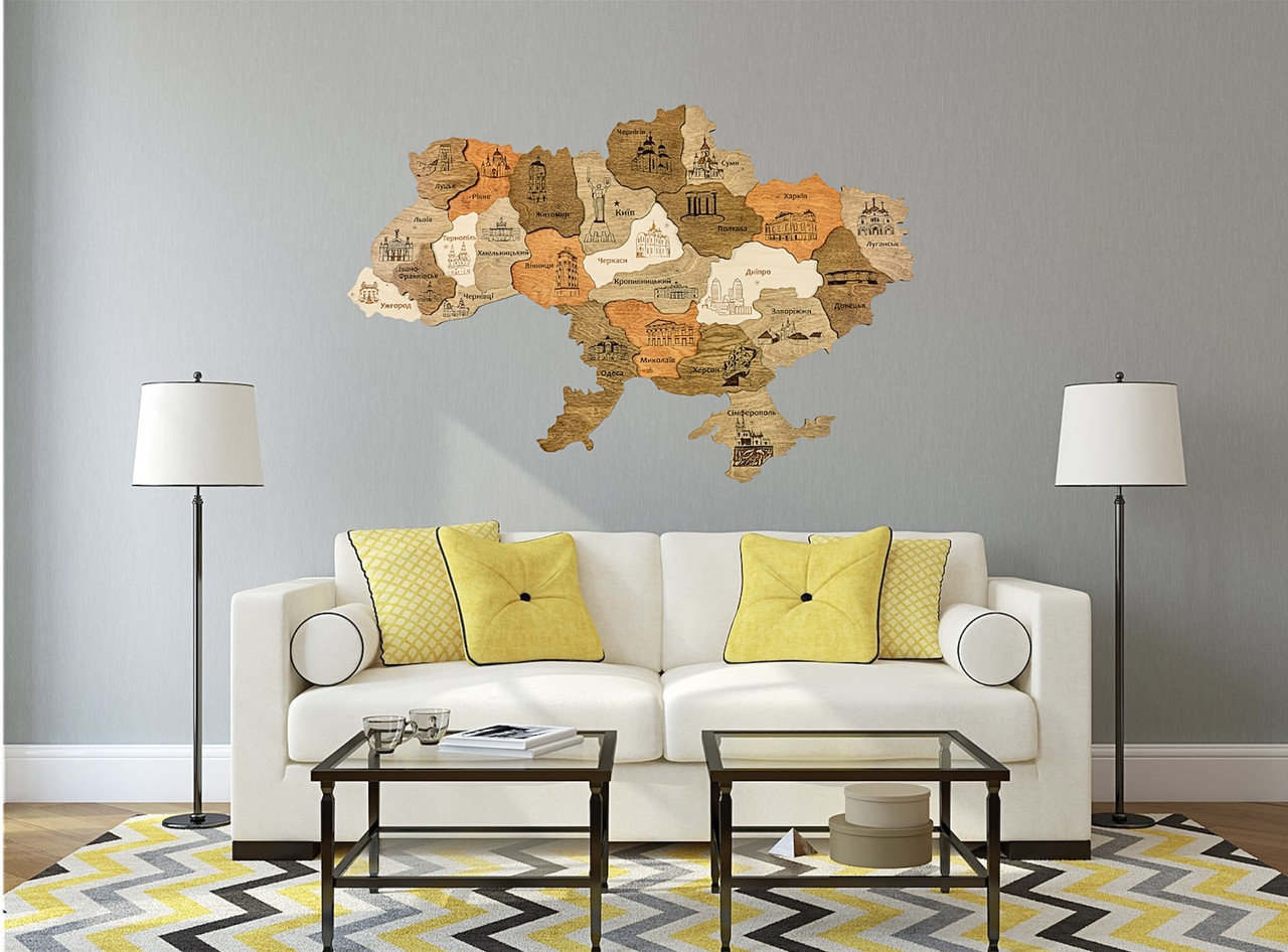 Купить ДЕРЕВЯННАЯ КАРТА ДОСТОПРИМЕЧАТЕЛЬНОСТЕЙ УКРАИНЫ В 4 Х ЦВЕТАХ ДЕРЕВА Xs 50х30см Full