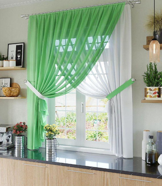 Готова коротка тюль на кухню із шифону салатового кольору на кухню дитячу спальню Id