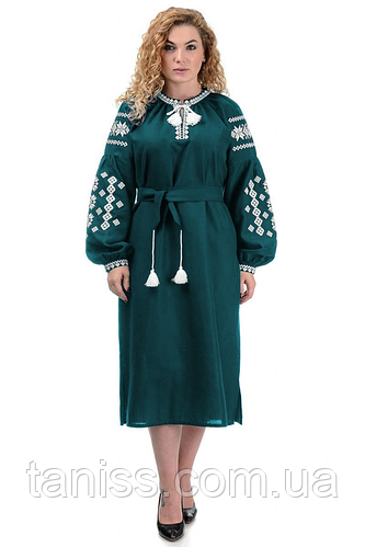Платье вышиванка Ивана-Купала, нарядное, ткань лён, р-р S,M,2XL зеленое ...