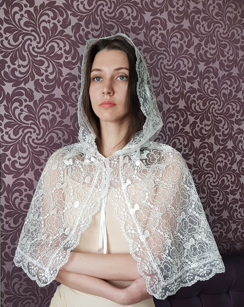 Платок накидка капюшон на венчание на крестины в церковь в храм айвори ...