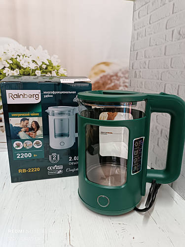 Електрочайник Rainberg RB-2220, скляний електричний чайник з підсвічуванням, 2200 Вт, зелений,2л ...