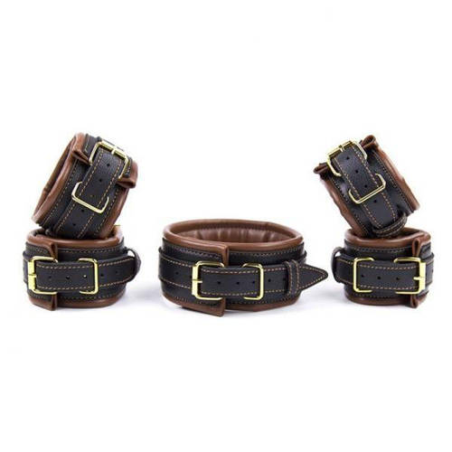 Купить Leather 5 Pieces Restraints Set Hand Neck Foot Handcuffs Brown ...