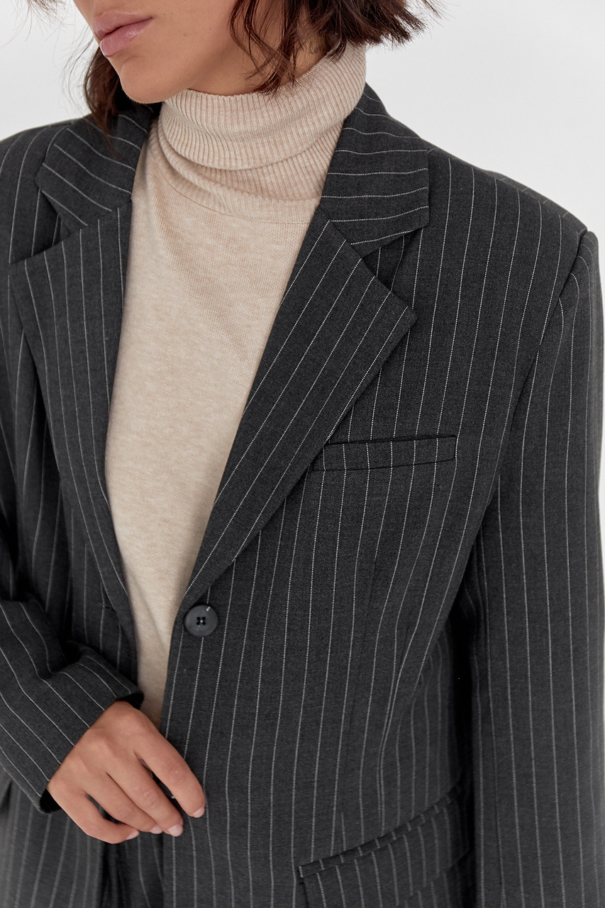 Пиджак женский классический длинный на пуговицах в полоску темно-серый ...