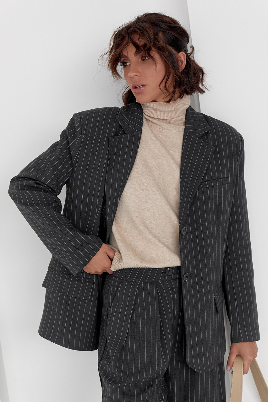 Пиджак женский классический длинный на пуговицах в полоску темно-серый ...