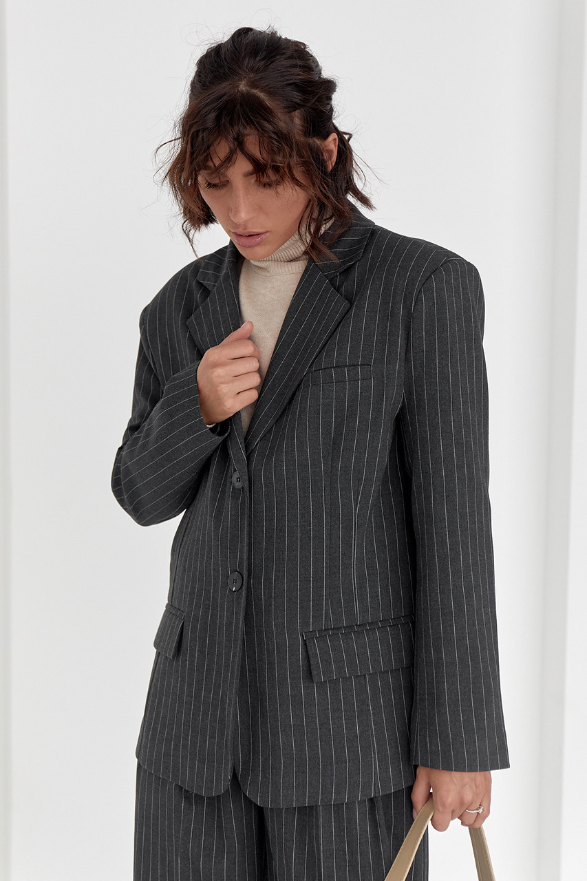 Пиджак женский классический длинный на пуговицах в полоску темно-серый ...