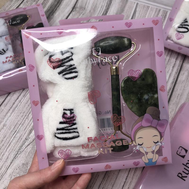 Набір 3в1 ruby face ролер + скребок гуаша + косметична пов'язка (ID ...