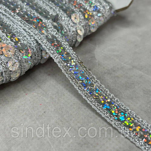 Купить Тесьма с пайетками 12 мм - серая с серебром АВ, цена 4.40 ...