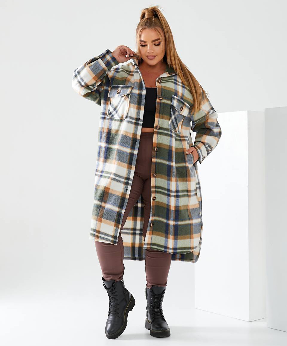 Купить Женская длинная флисовая рубашка-кардиган в клетку Хаки, 52/54 ...