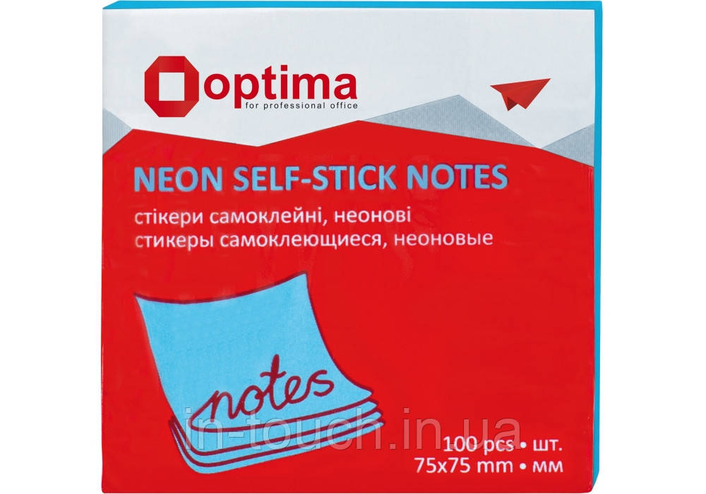 Блок для нотаток з клейким шаром 75*75 мм Optima, 100 арк., неон блакитний O25513-11 (ID ...