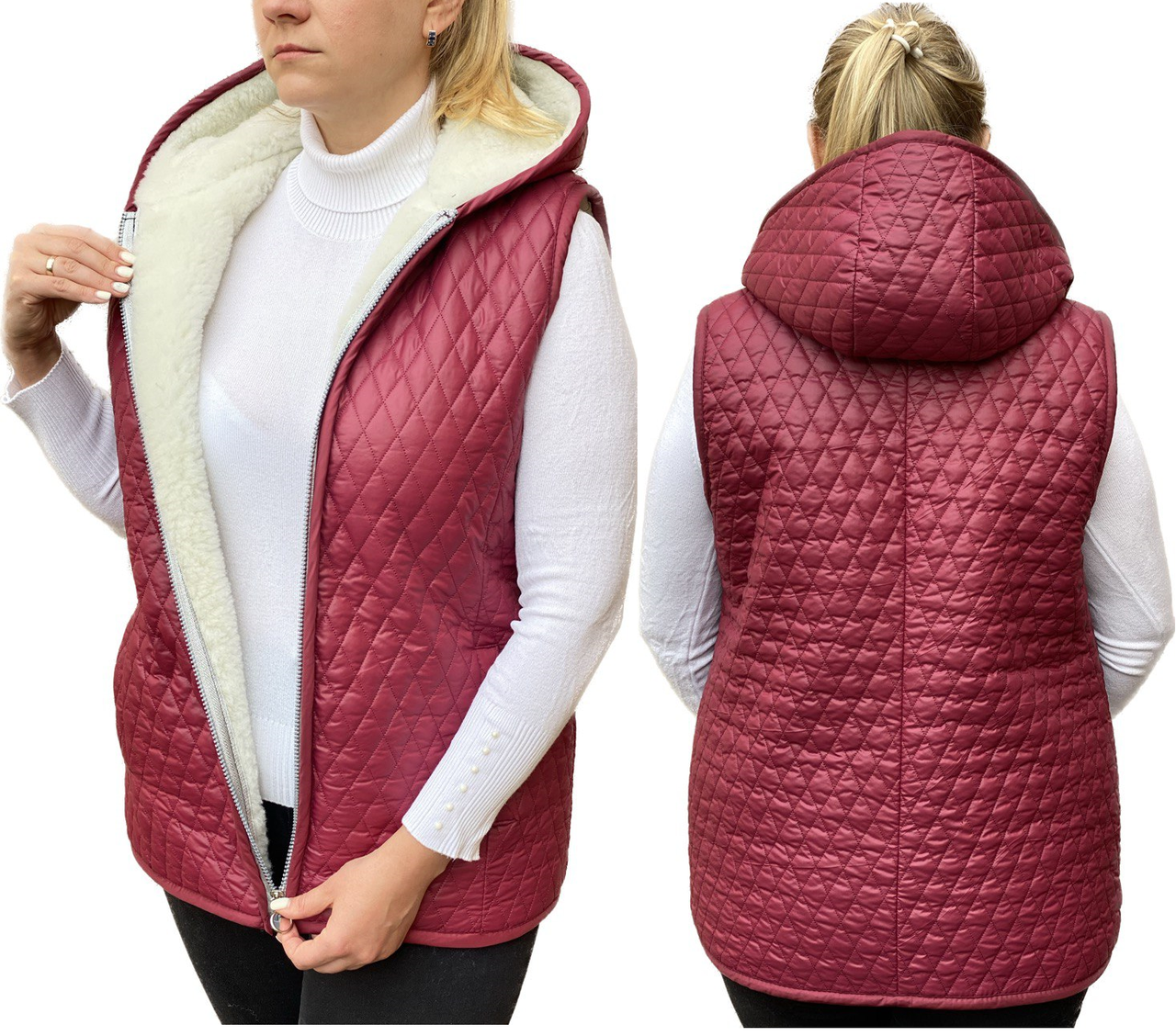 Жилетка з овечої вовни з капюшоном стьобана-балонова вишнева 48-64р ...