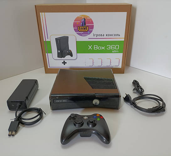 Xbox 360 Slim 250Gb, FREEBOOT, Б/У, комплект в коробке магазина + 5 игр ...